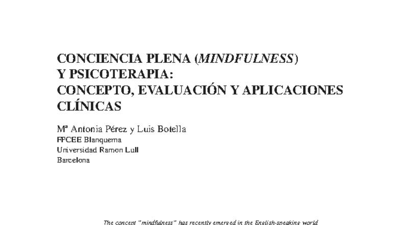CONCIENCIA PLENA Y PSICOTERAPIA: EVALUACIÓN Y APLICACIONES CLÍNICAS ...