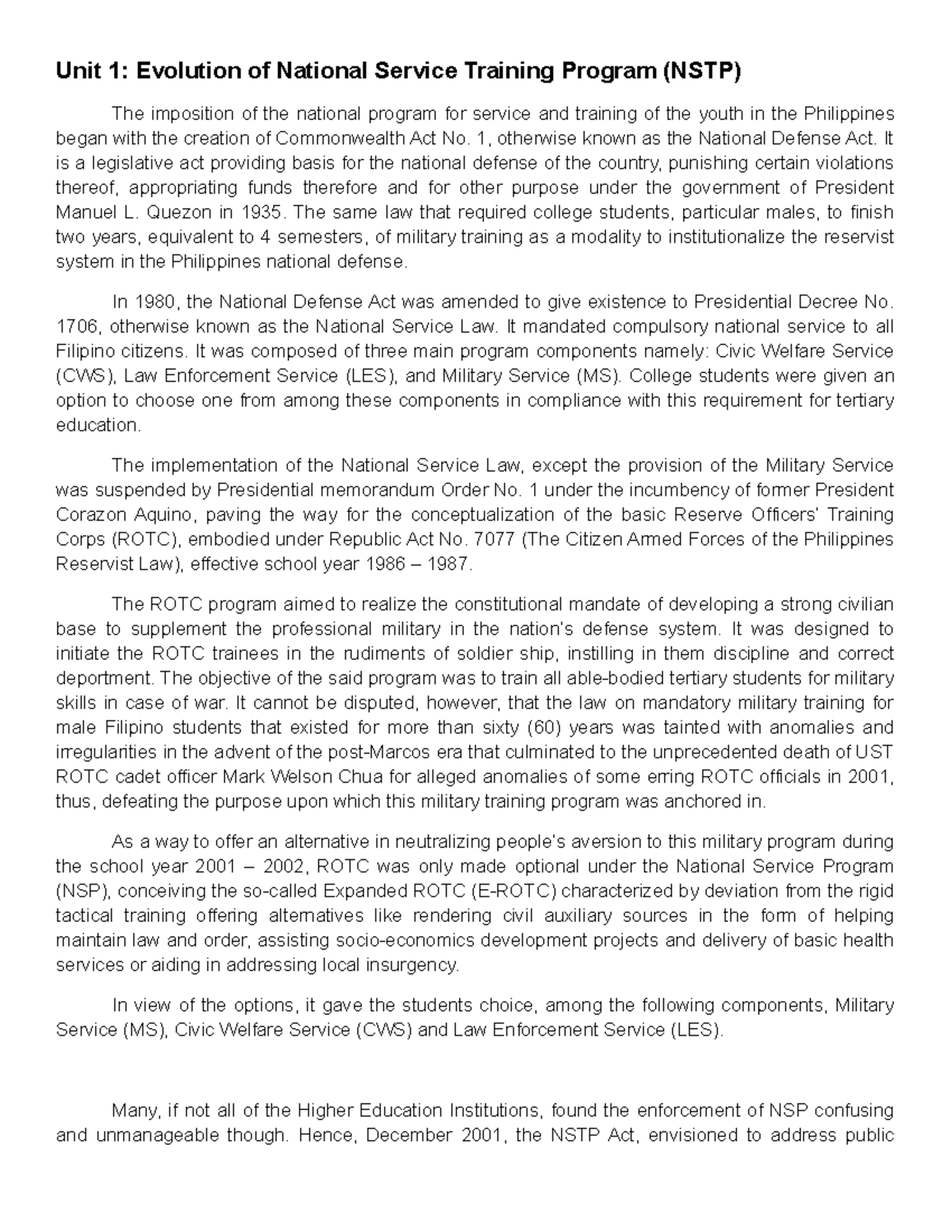Unit 1: Evolution of National Service Training Program (NSTP ...