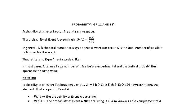 Grade 11 & 12 Probability: Events, Rules, and Applications - Studocu