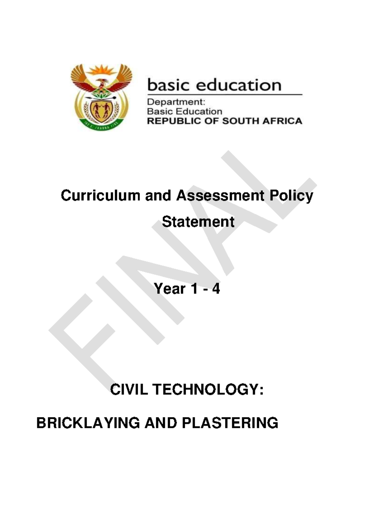 CAPS Year 4: Bricklaying and Plastering Curriculum Overview - Studocu