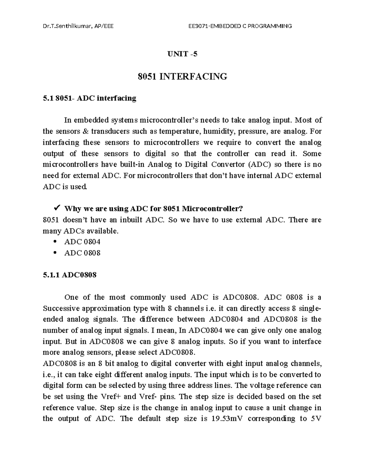 8051 Microcontroller ADC and DAC Interfacing - Unit 5 Notes - Studocu