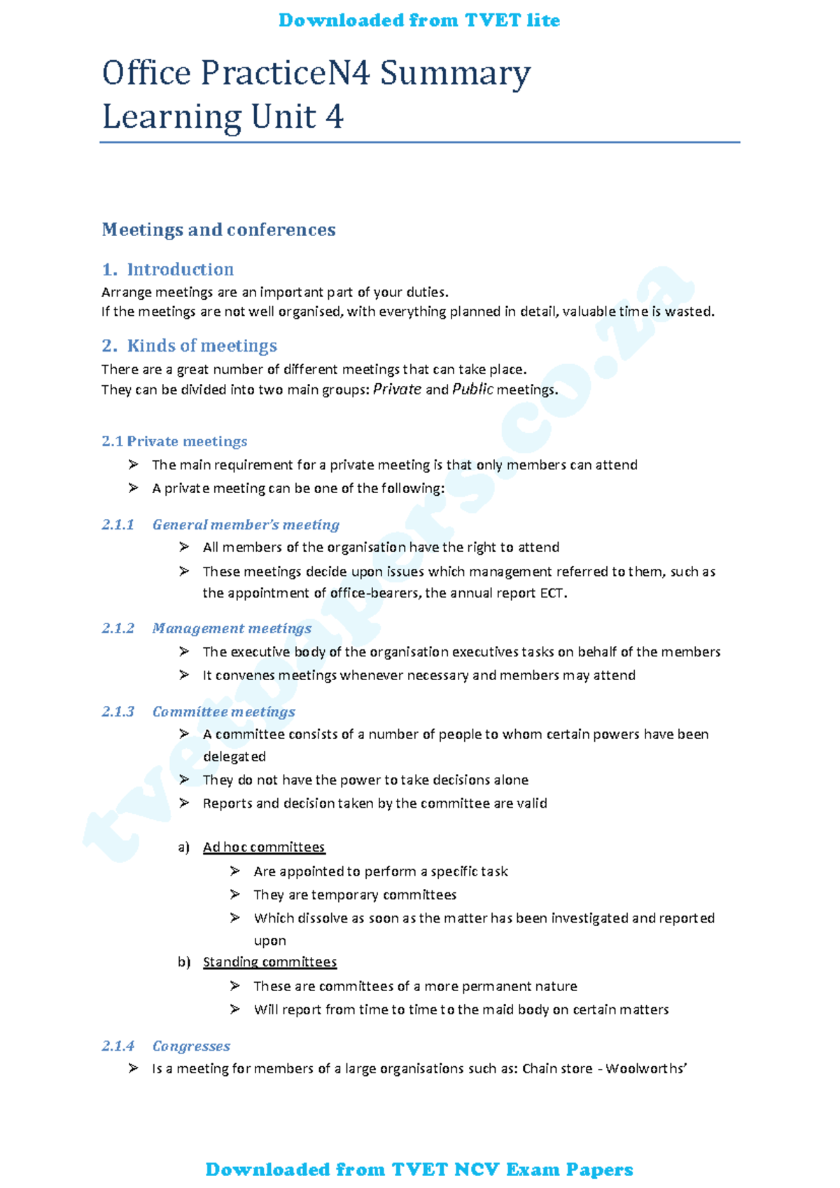 Office Practice N4: Meetings and Conferences Summary (Topic 4) - Studocu