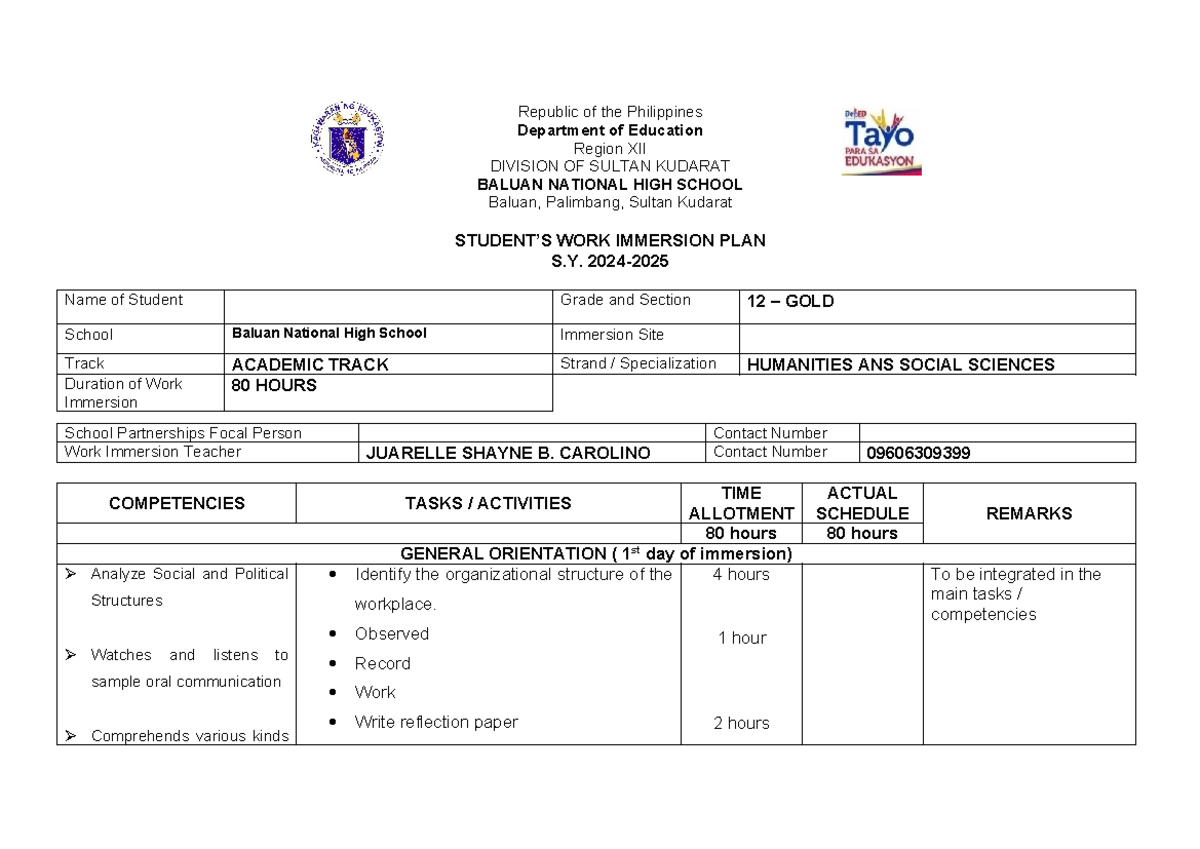 Work Immersion Plan for HUMSS 12 GOLD - S.Y. 2023-2024 - Studocu