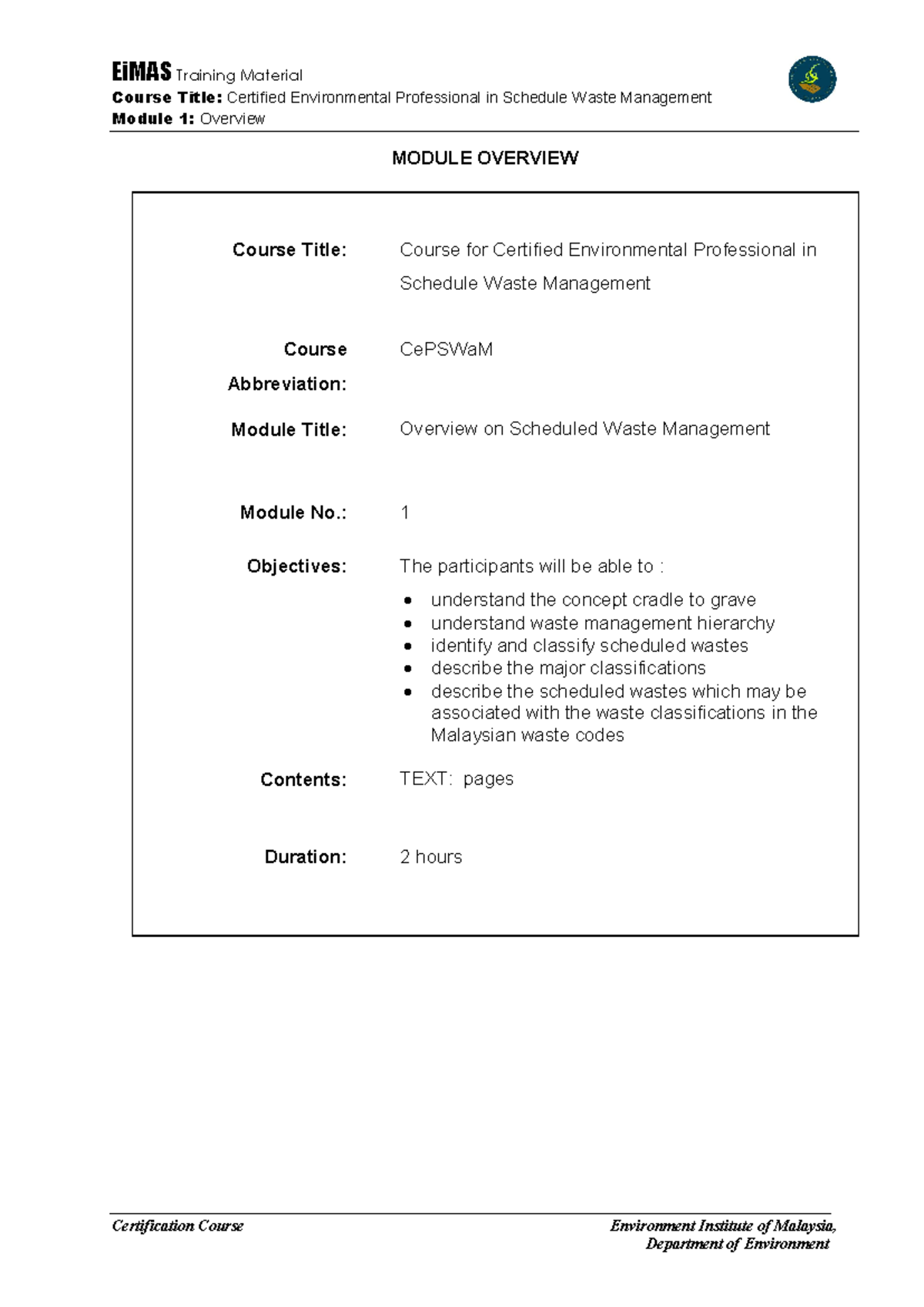 CePSWaM Module 1: Overview of Scheduled Waste Management - Studocu