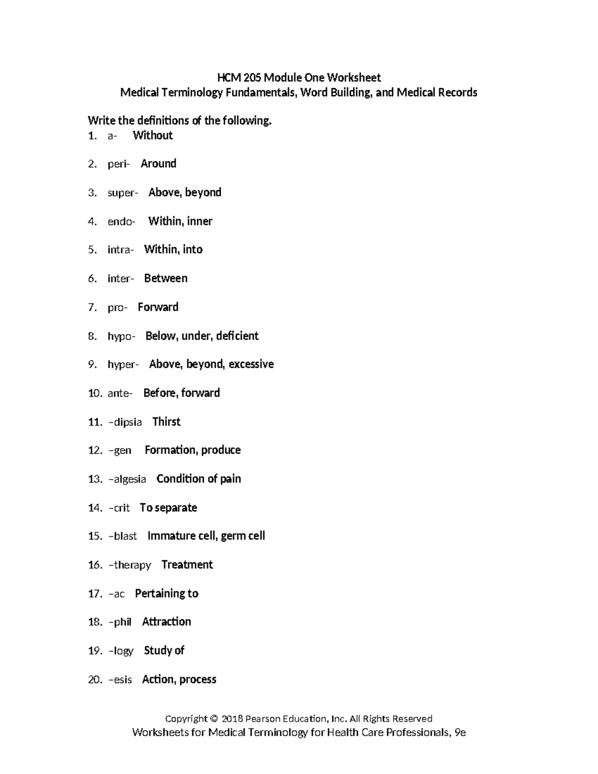 HCM 205 Module 1 Worksheet: Medical Terminology & Word Building - Studocu