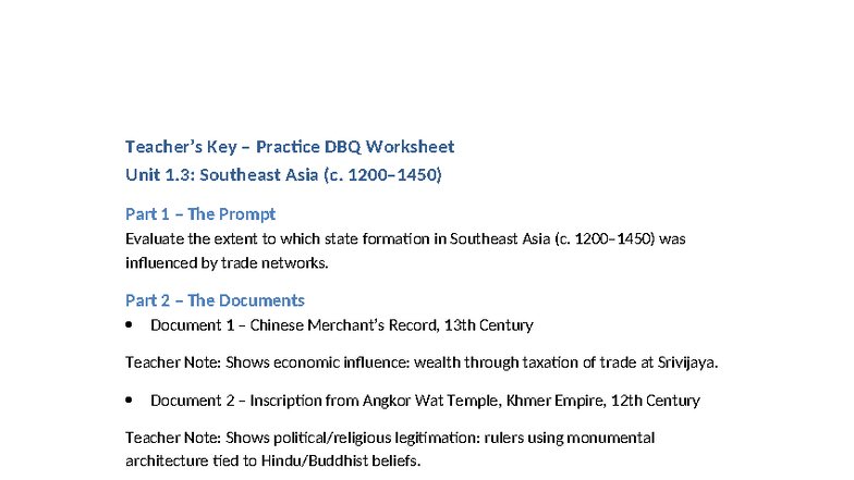 Key Practice DBQ Worksheet Unit 1.3: Southeast Asia Trade Influence ...