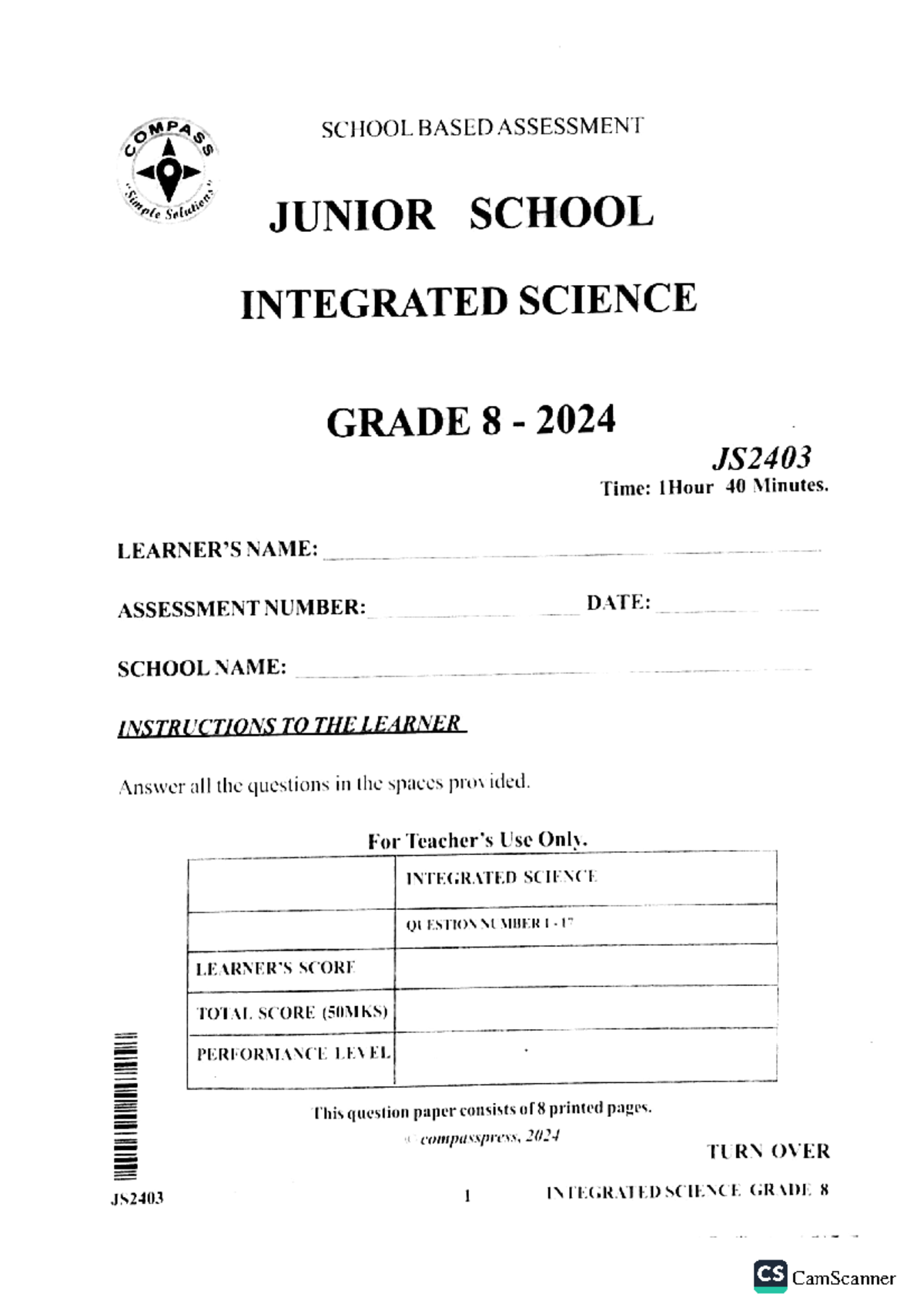 Grade 8 Integrated Science Assessment JS2403 - 2024 Simple Solutions ...
