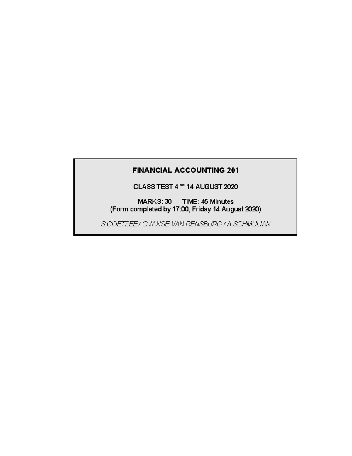 Frk Class Test 4 Financial Accounting 14 Aug 2020 Analysis Studocu