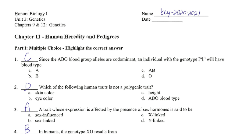 KEY: Honors Biology I Unit 3 Genetics - Chapter 11 Human Heredity ...