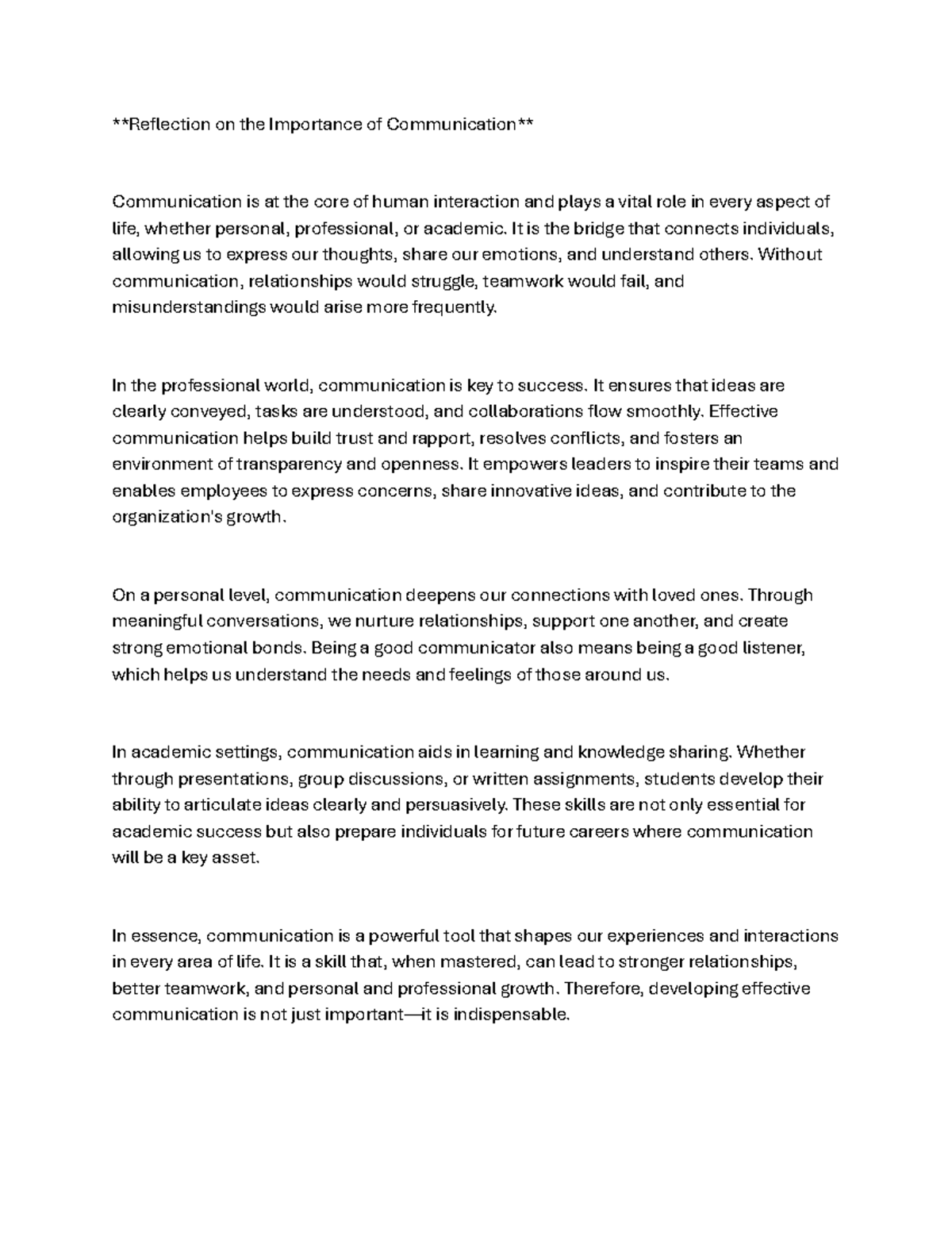 Reflection on the Importance of Communication - Reflection on the ...