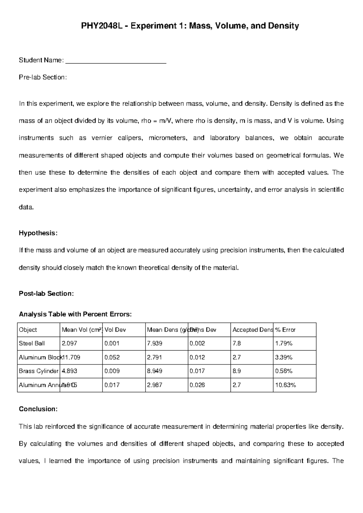 PHY2048L Experiment 1 Lab Report: Mass, Volume, and Density Analysis - Studocu