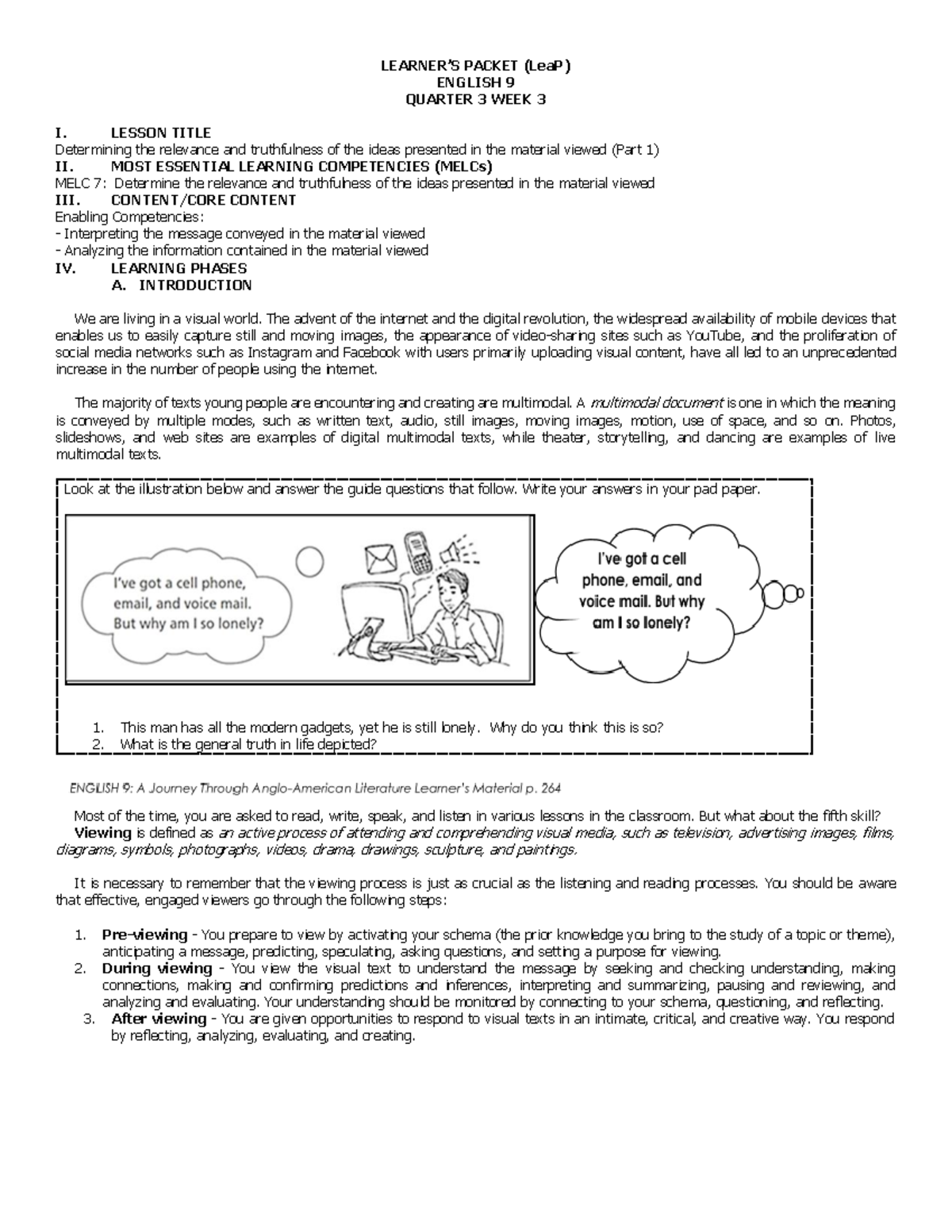 LEAP English 9 Week 3 - LEAP - LEARNER’S PACKET (LeaP) ENGLISH 9 ...
