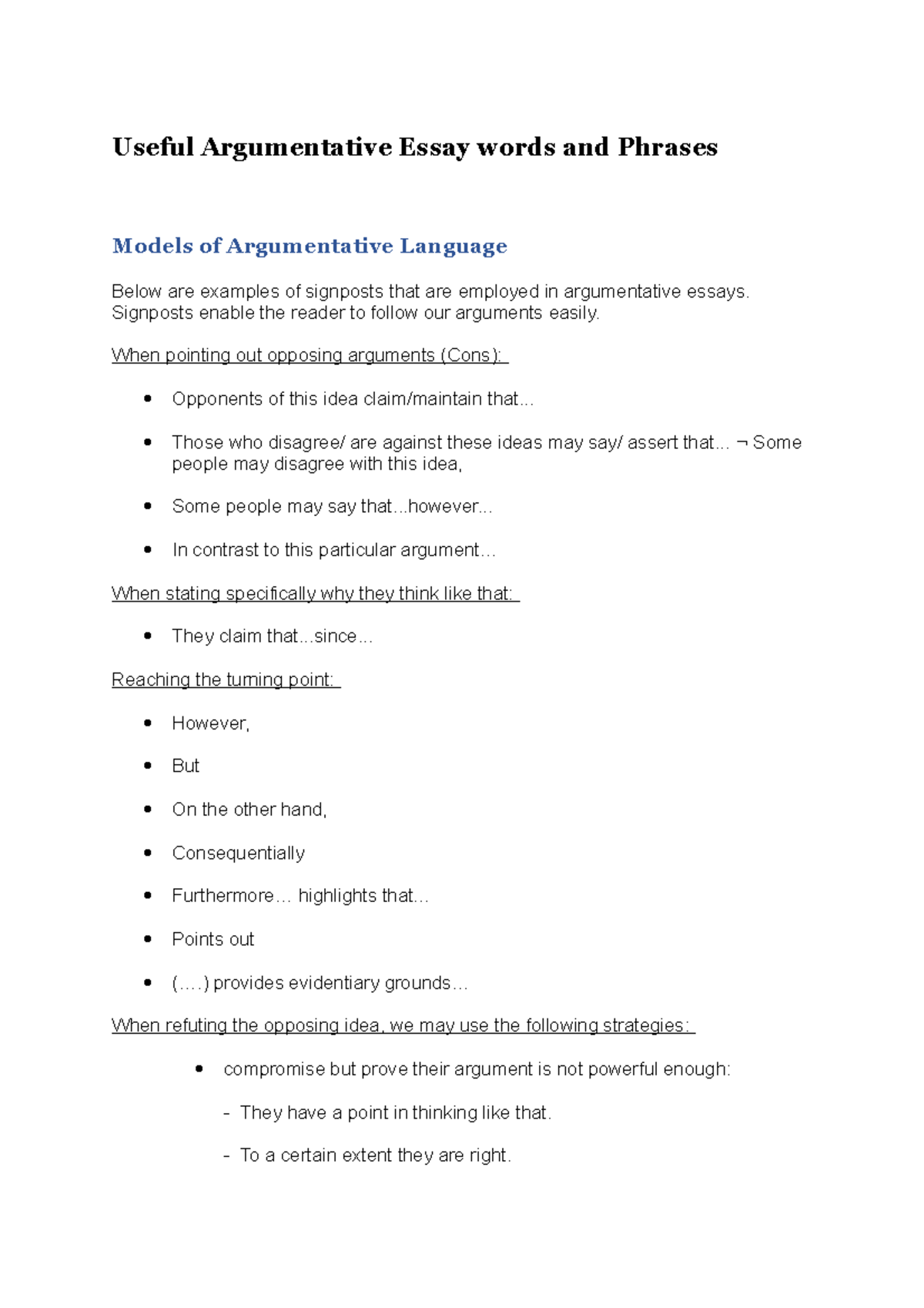 Argumentative Essay: Key Words and Phrases for Effective Writing - Studocu