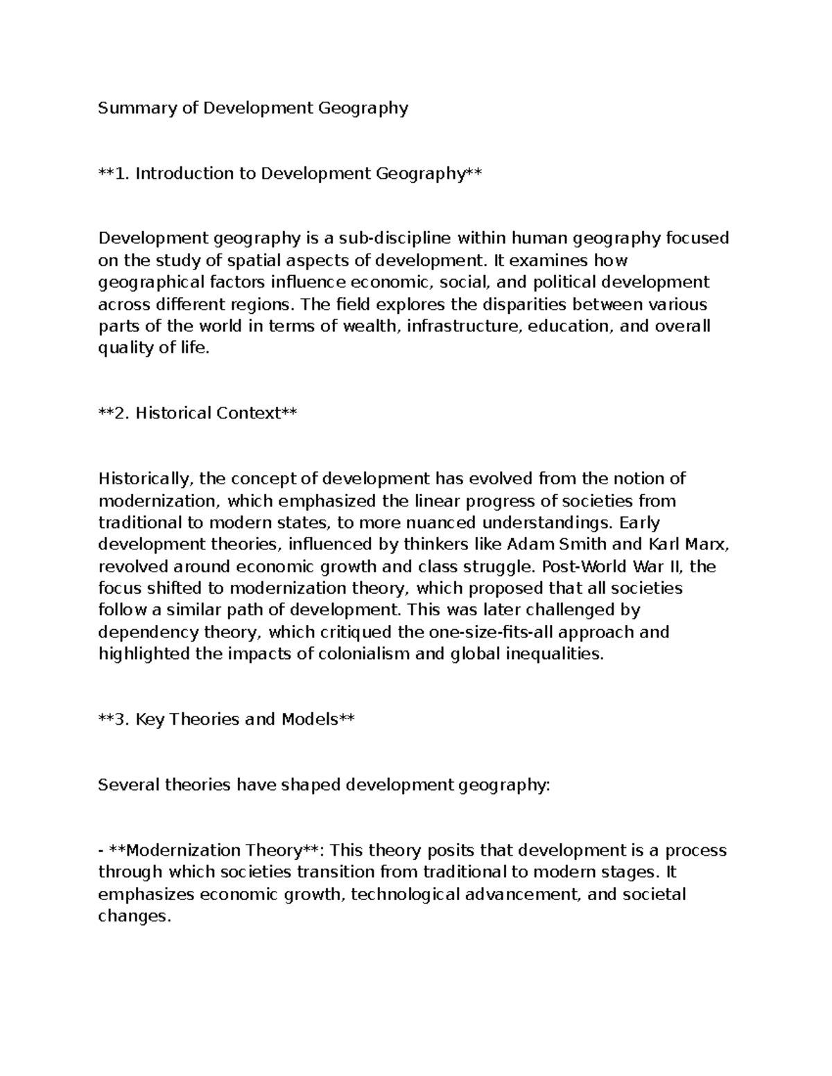 Development Geography Overview - Key Theories & Current Issues - Studocu