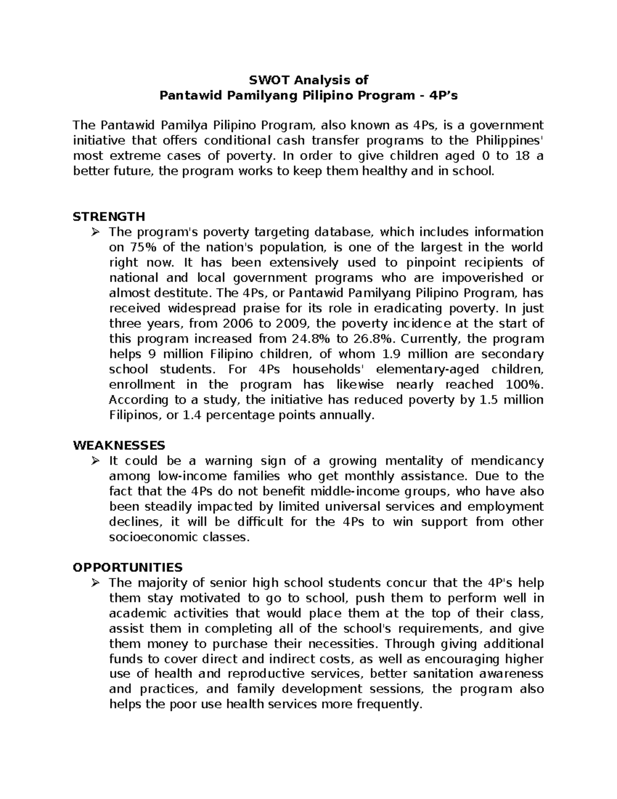 4ps swot - SWOT analysis about 4Ps - SWOT Analysis of Pantawid ...