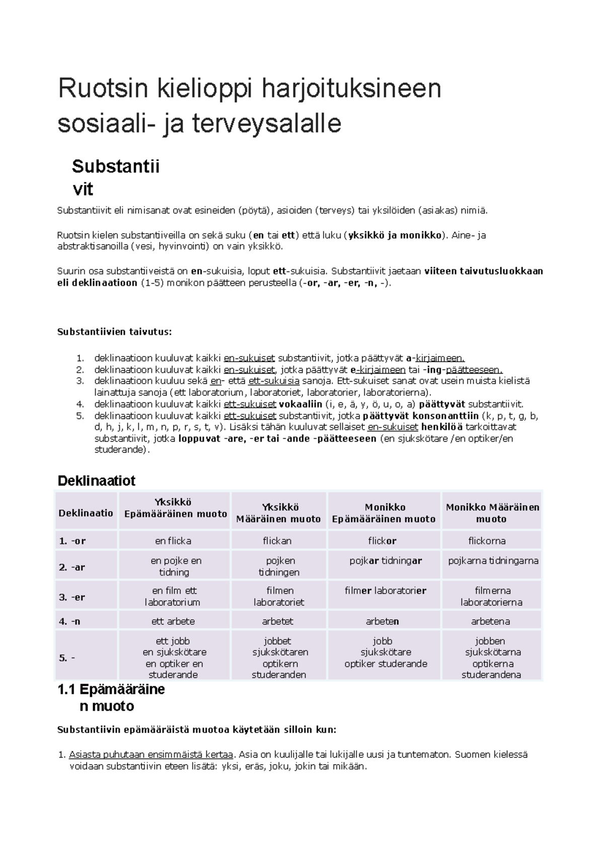 Ruotsin kielioppi sosiaali- ja terveysalalle: Substantiivit ja adjektiivit - Studocu