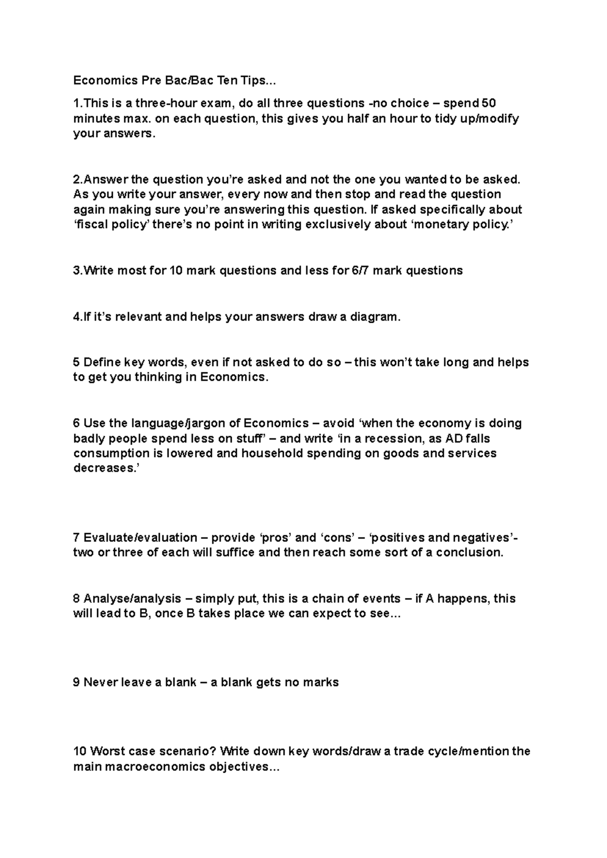 Economics Pre Bac Exam Tips: 10 Essential Strategies - Studocu