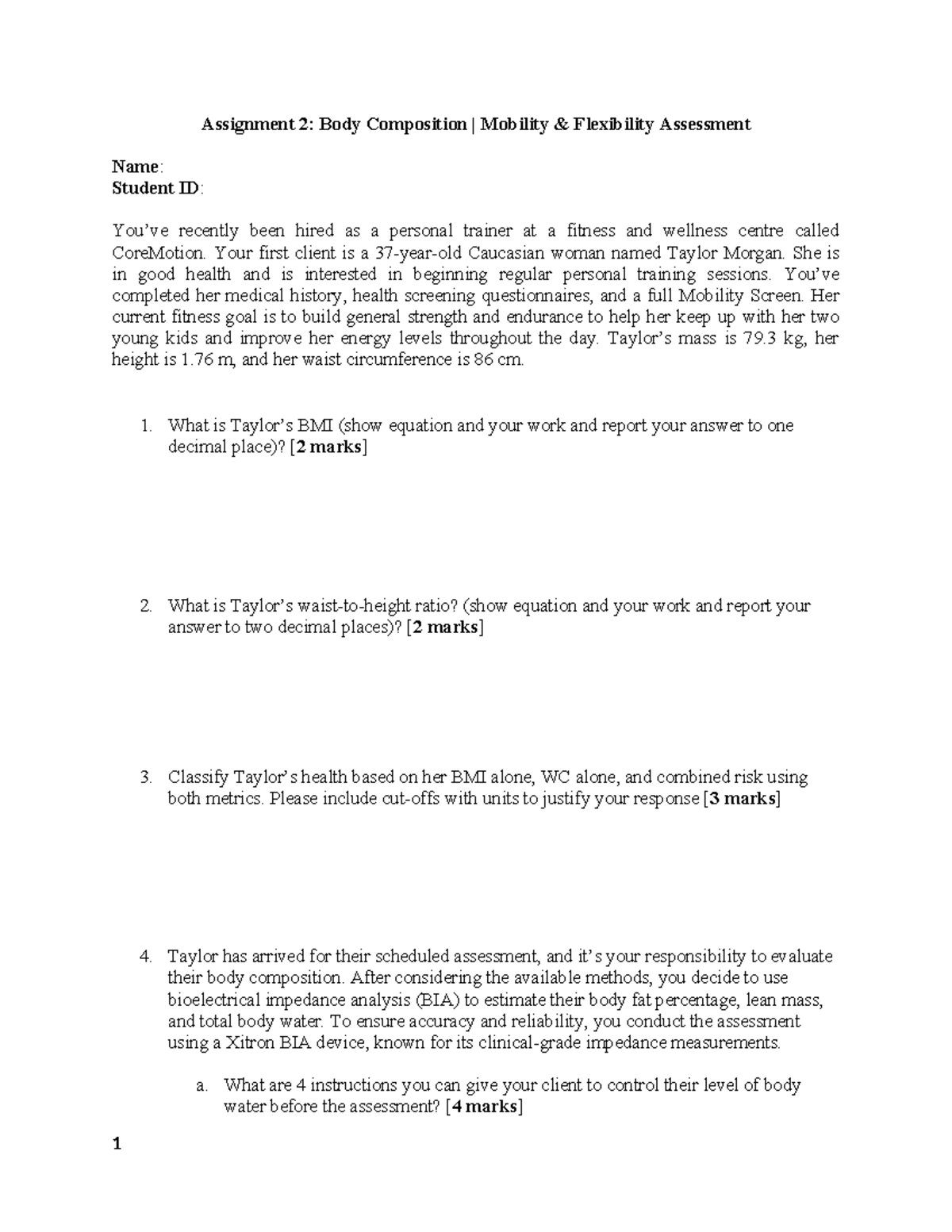 KIN 204 S25 Assignment 2: Body Composition & Mobility Assessment for ...