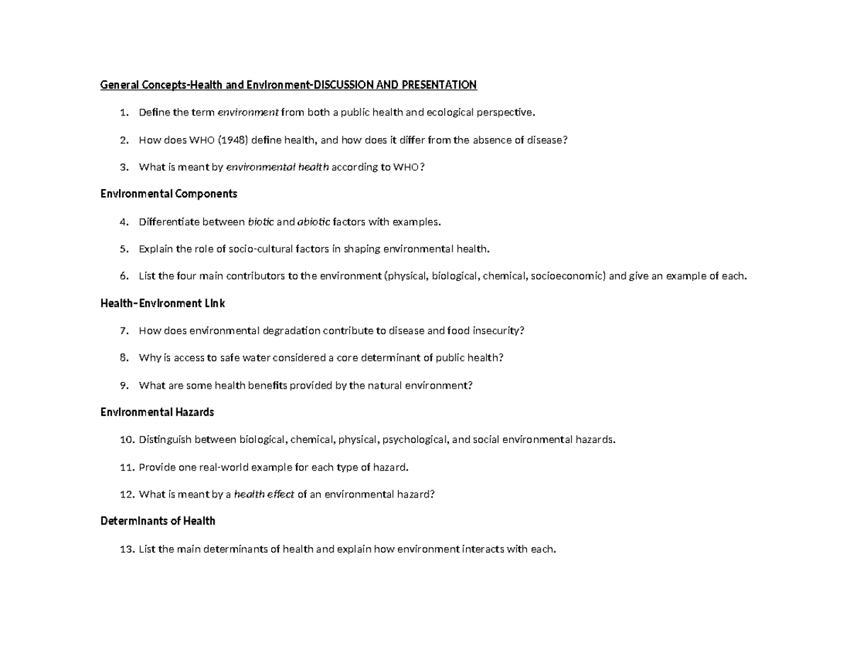 Environmental Health Discussion: Key Concepts and Principles - Studocu