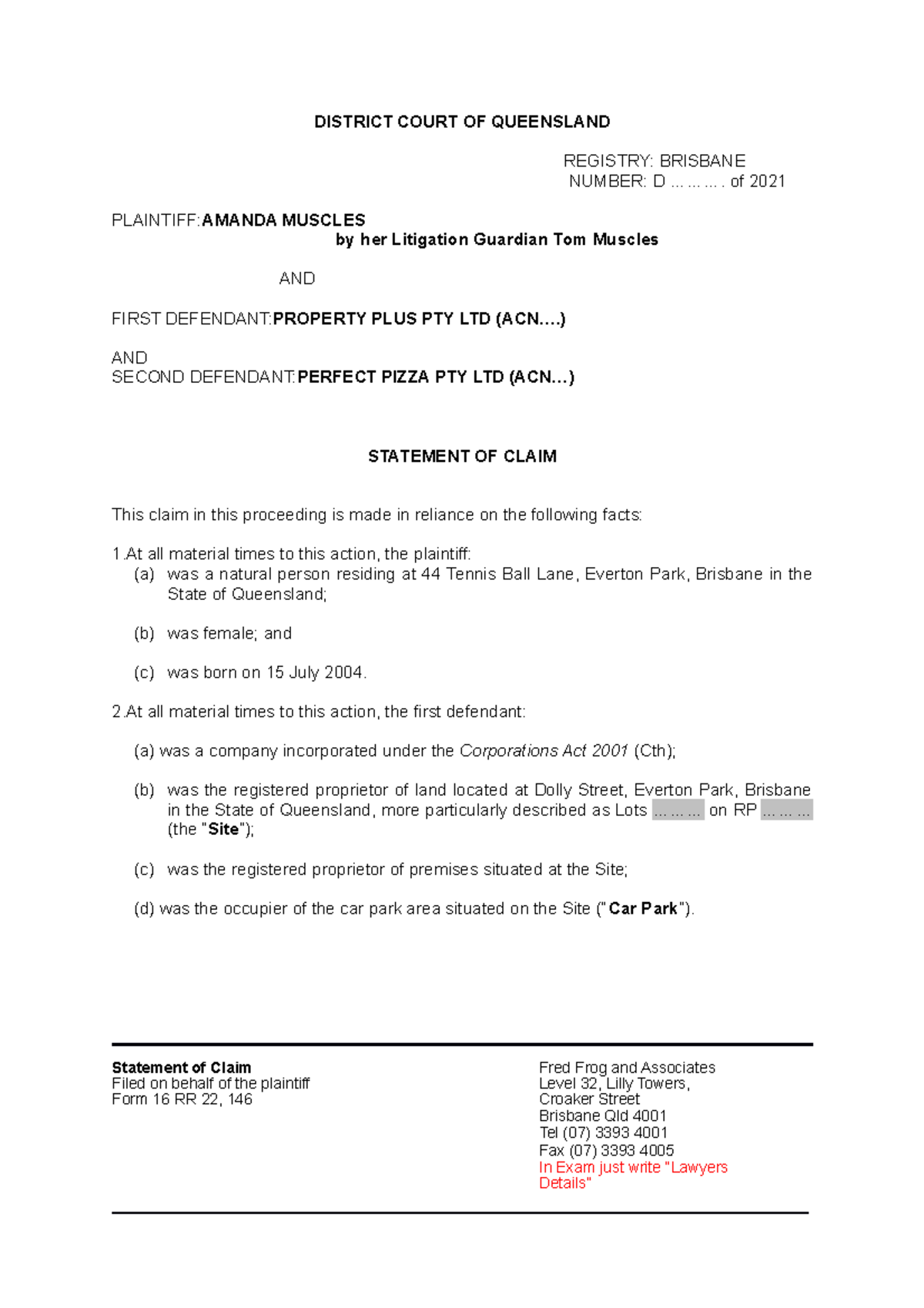 Week 3 Statement of Claim example - DISTRICT COURT OF QUEENSLAND ...