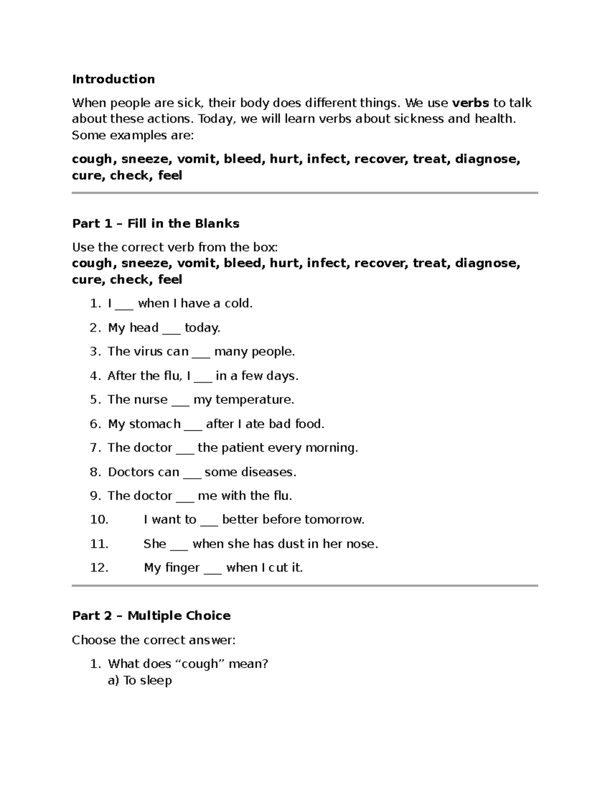 Verbs Related to Sickness and Health - ESL Lesson Plan - Studocu