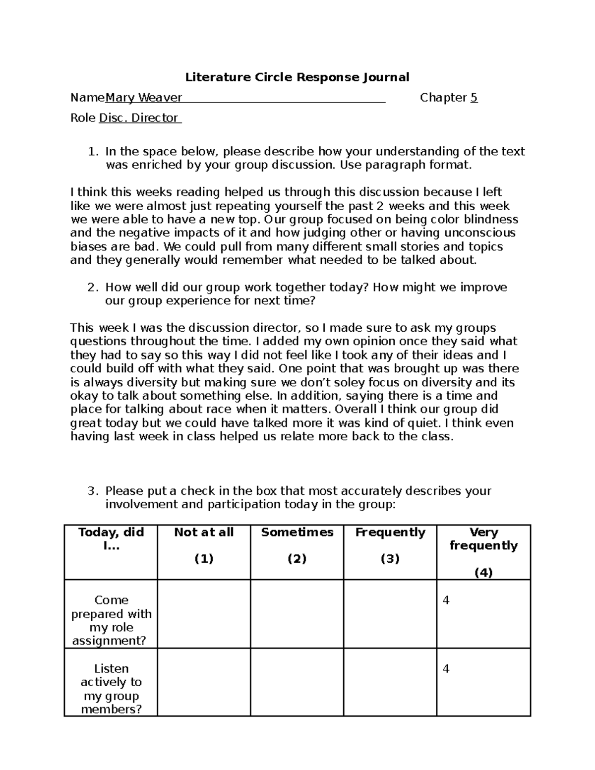 Lit Circle Reflection - Literature Circle Response Journal NameMary ...