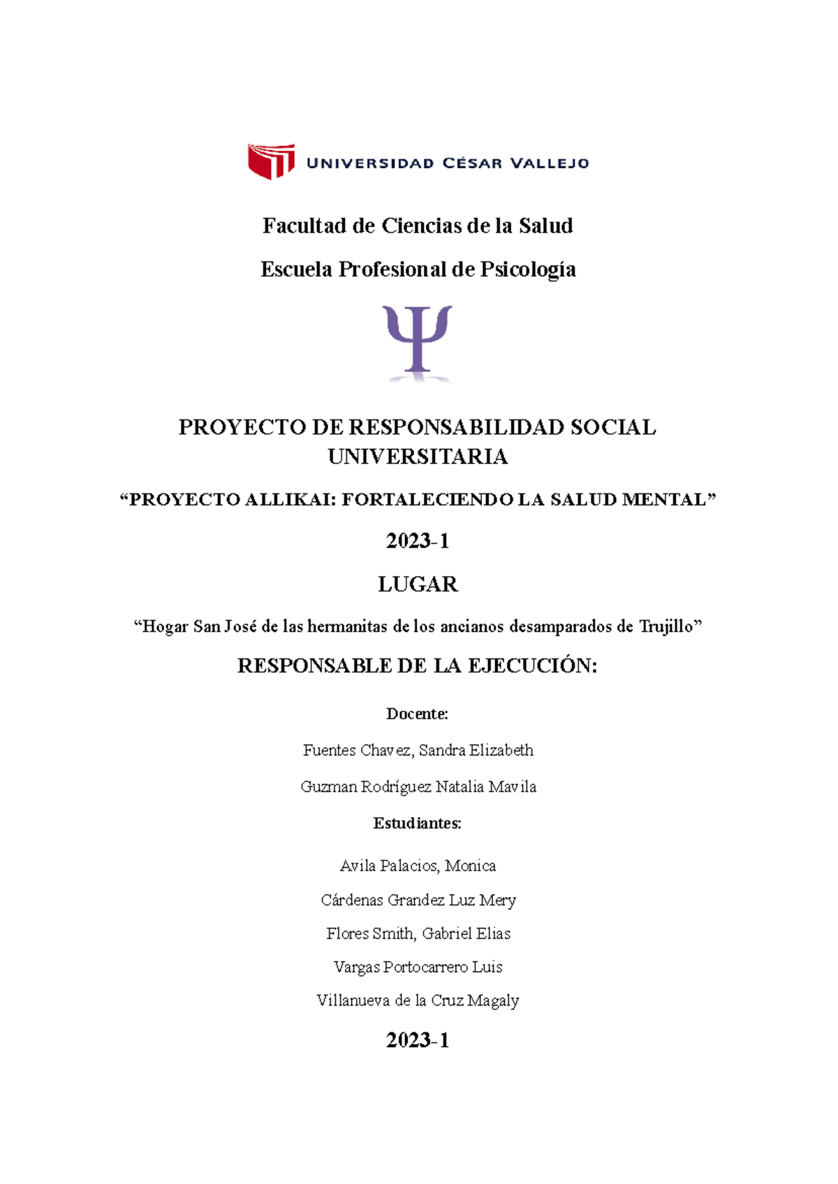 Informe Final RSU 2023-1: Proyecto Allikai para la Salud Mental - Studocu