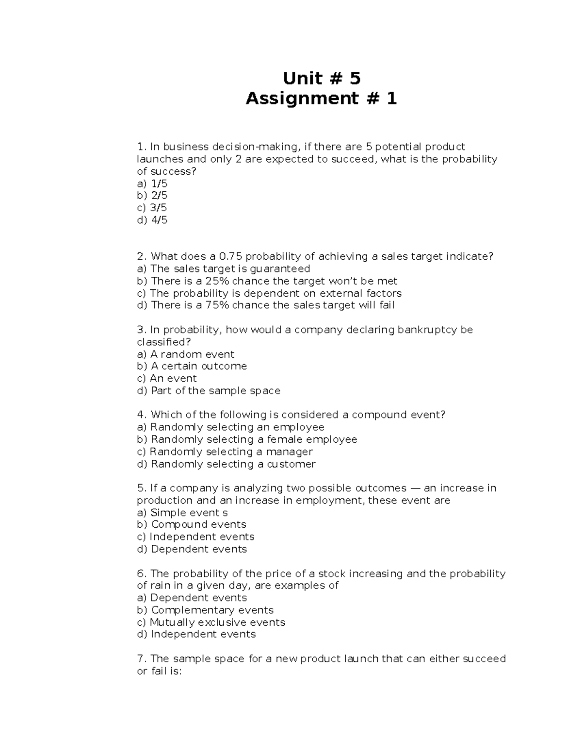 Unit 5 Assignment 1 - Probability Practice Questions - Studocu