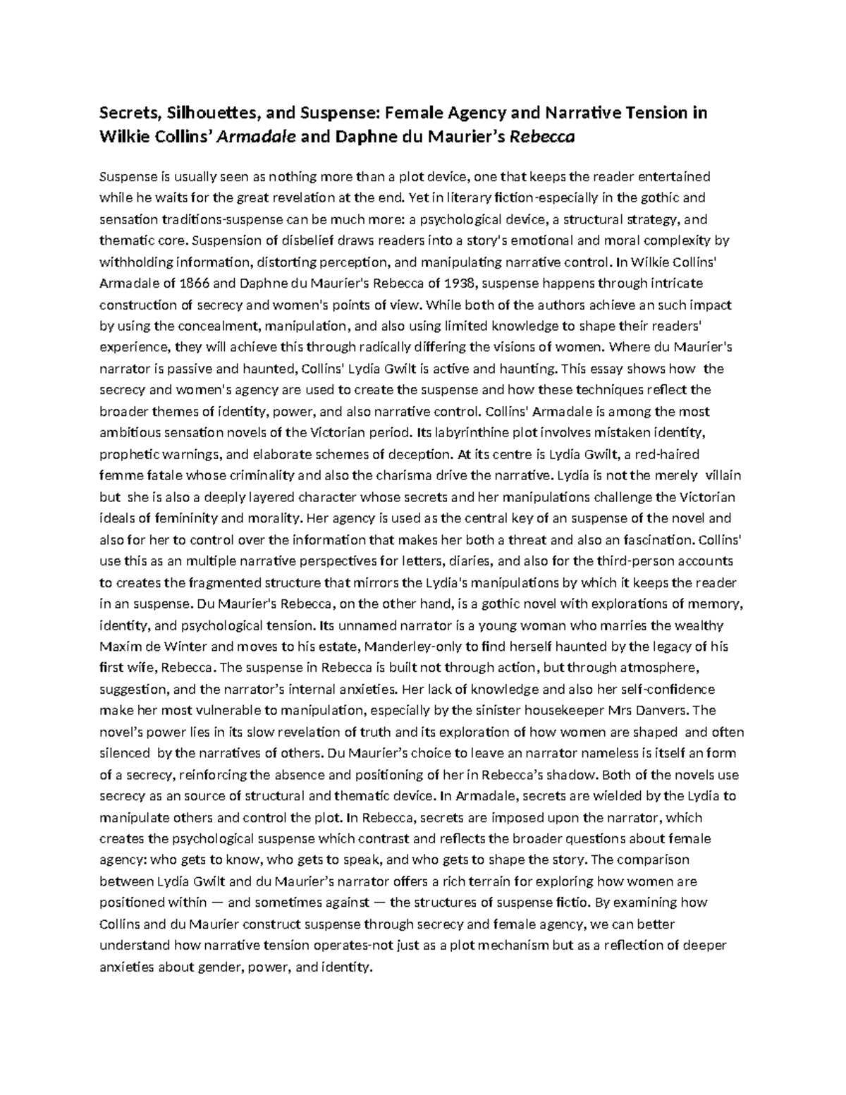 A Level English: Female Agency and Suspense in Armadale & Rebecca - Studocu