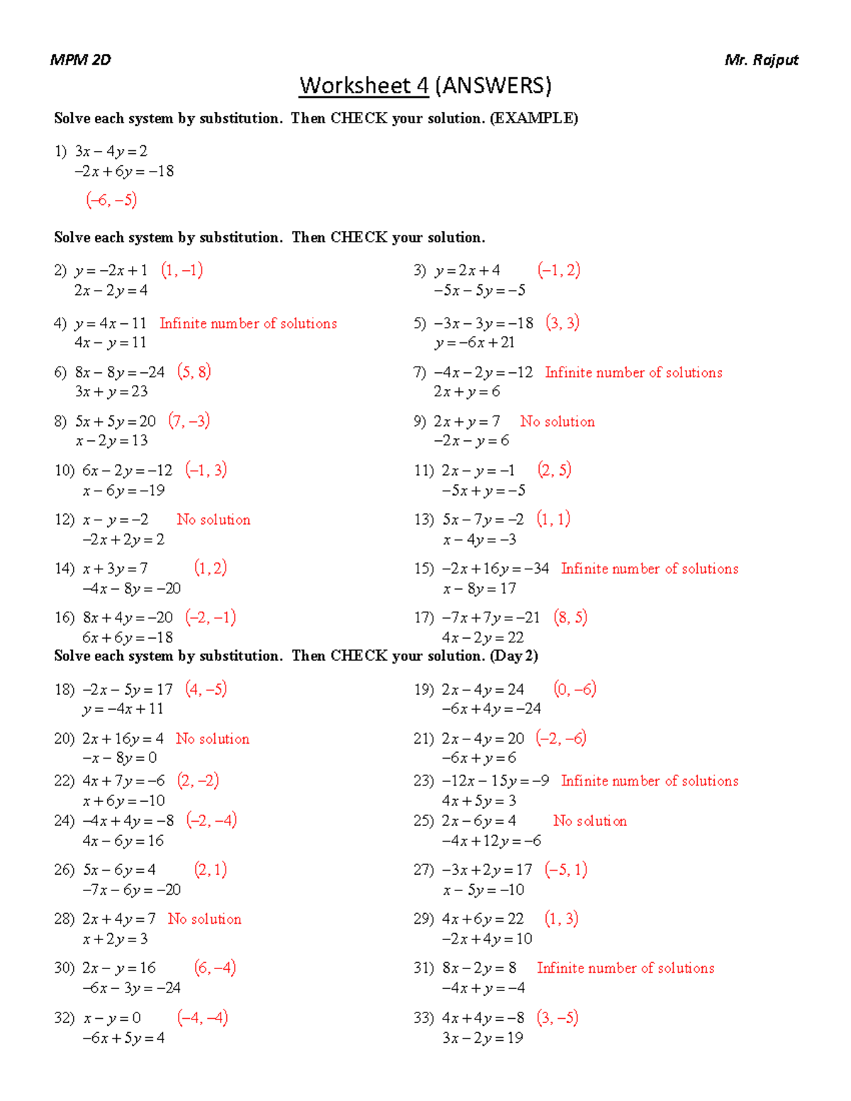 Advanced MPM 2D Worksheet: Systems of Equations (ANSWERS) - Studocu
