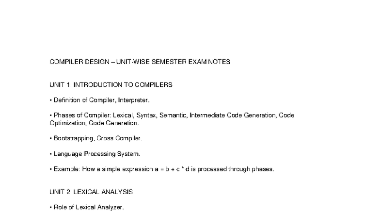 COMPILER DESIGN (CD 101) SEMESTER EXAM NOTES: UNIT-WISE OVERVIEW - Studocu
