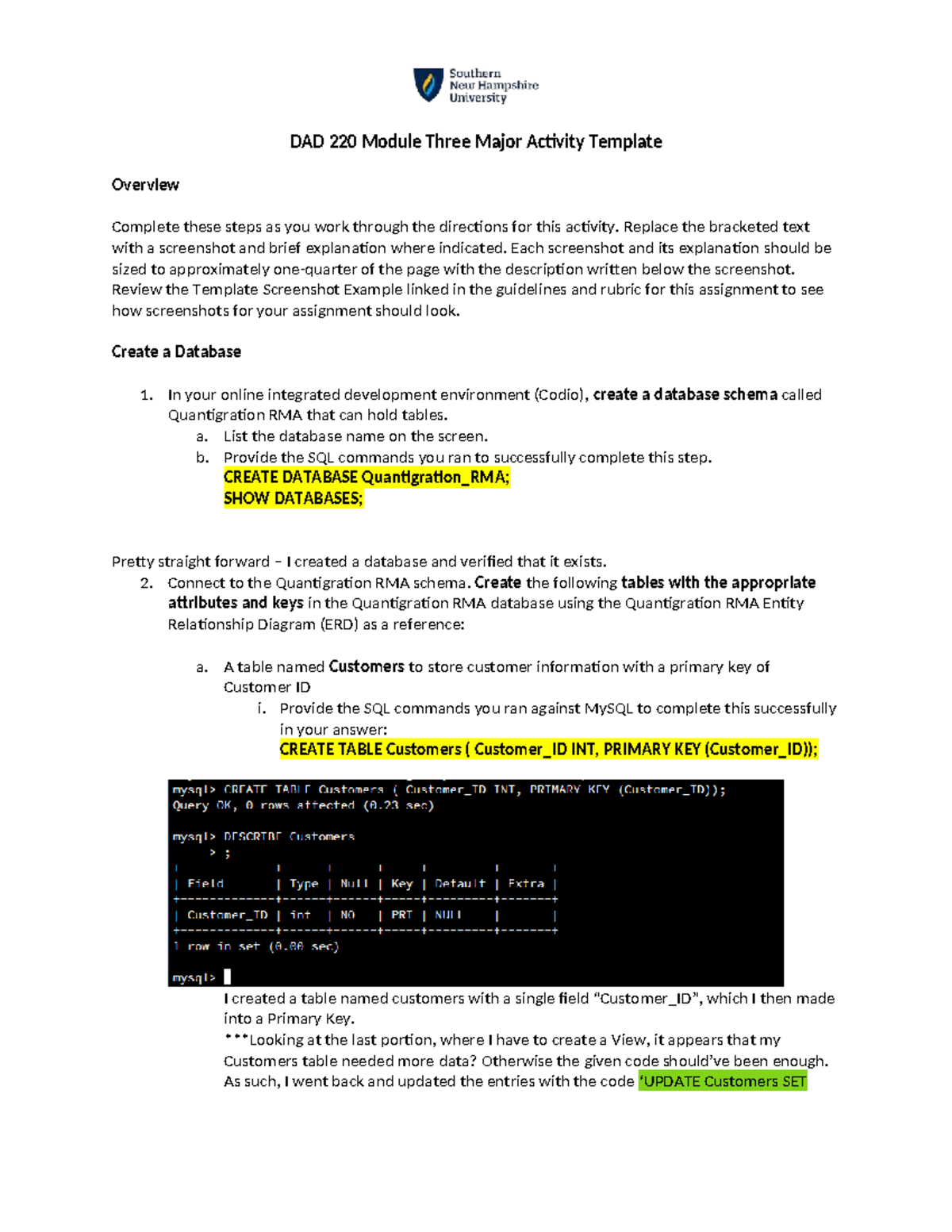 DAD 220 Module Three Major Activity: Database Creation and Management - Studocu