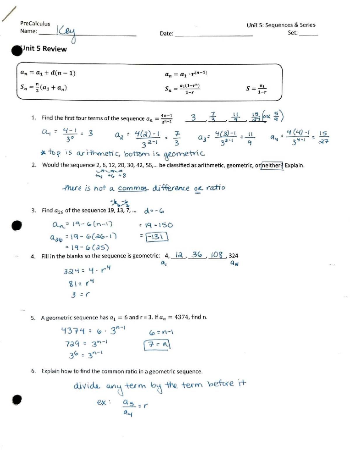 PreCalculus Unit 5 Review Key: Sequences and Series Concepts - Studocu