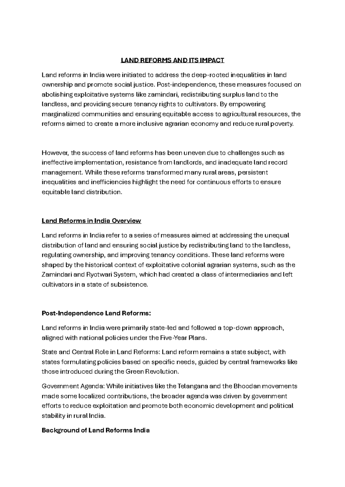 Land Reforms in India: Impact and Challenges (Class Notes) - Studocu