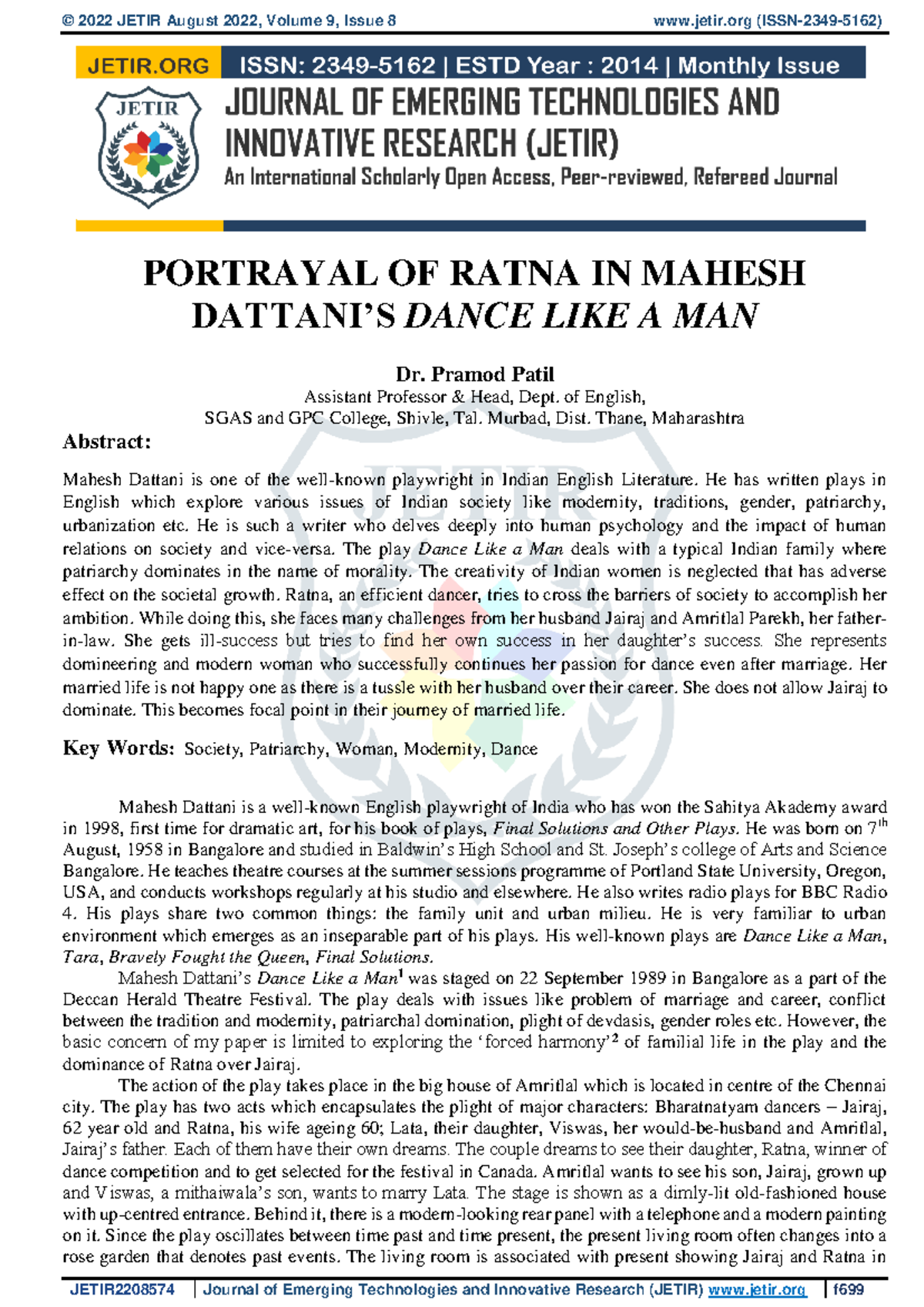 RATNA: An Analysis of Gender Dynamics in Dattani's Dance Like a Man ...