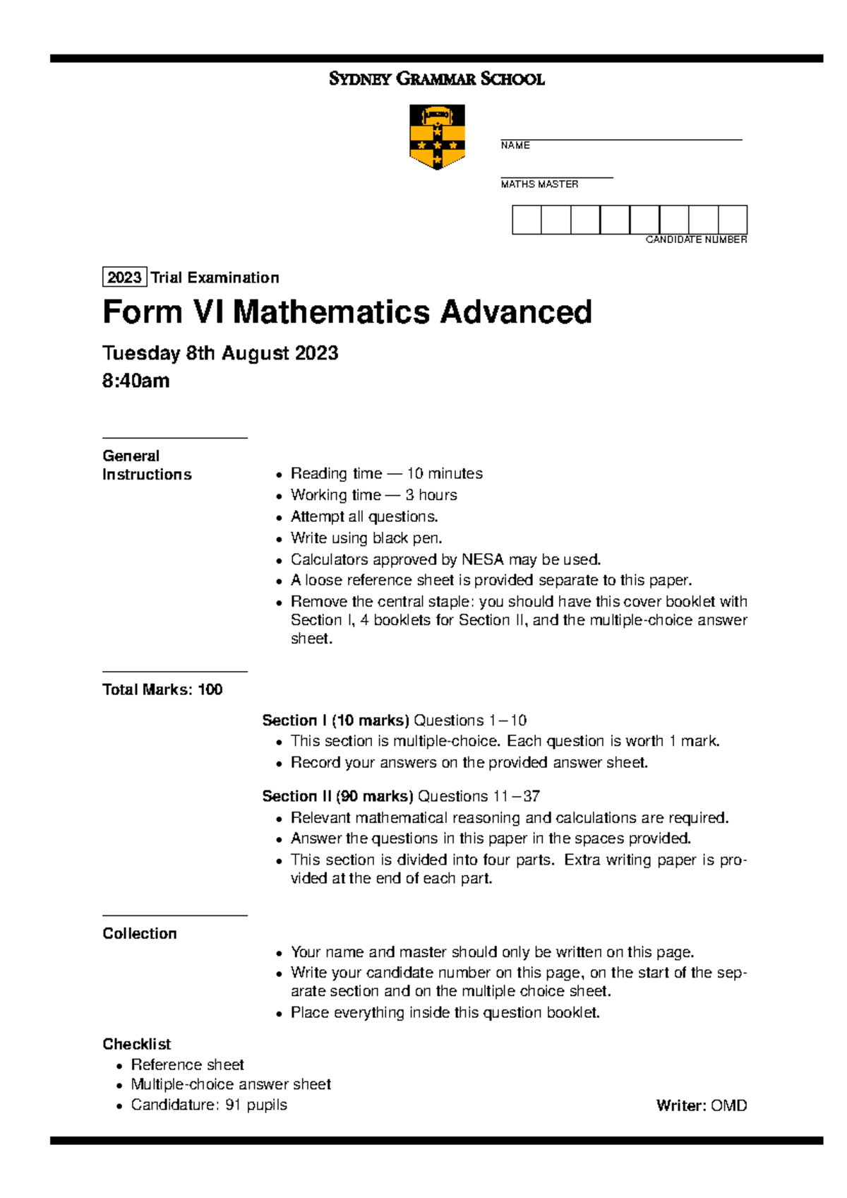 Form VI Mathematics Advanced 2023 Trial Exam & Solutions - Studocu