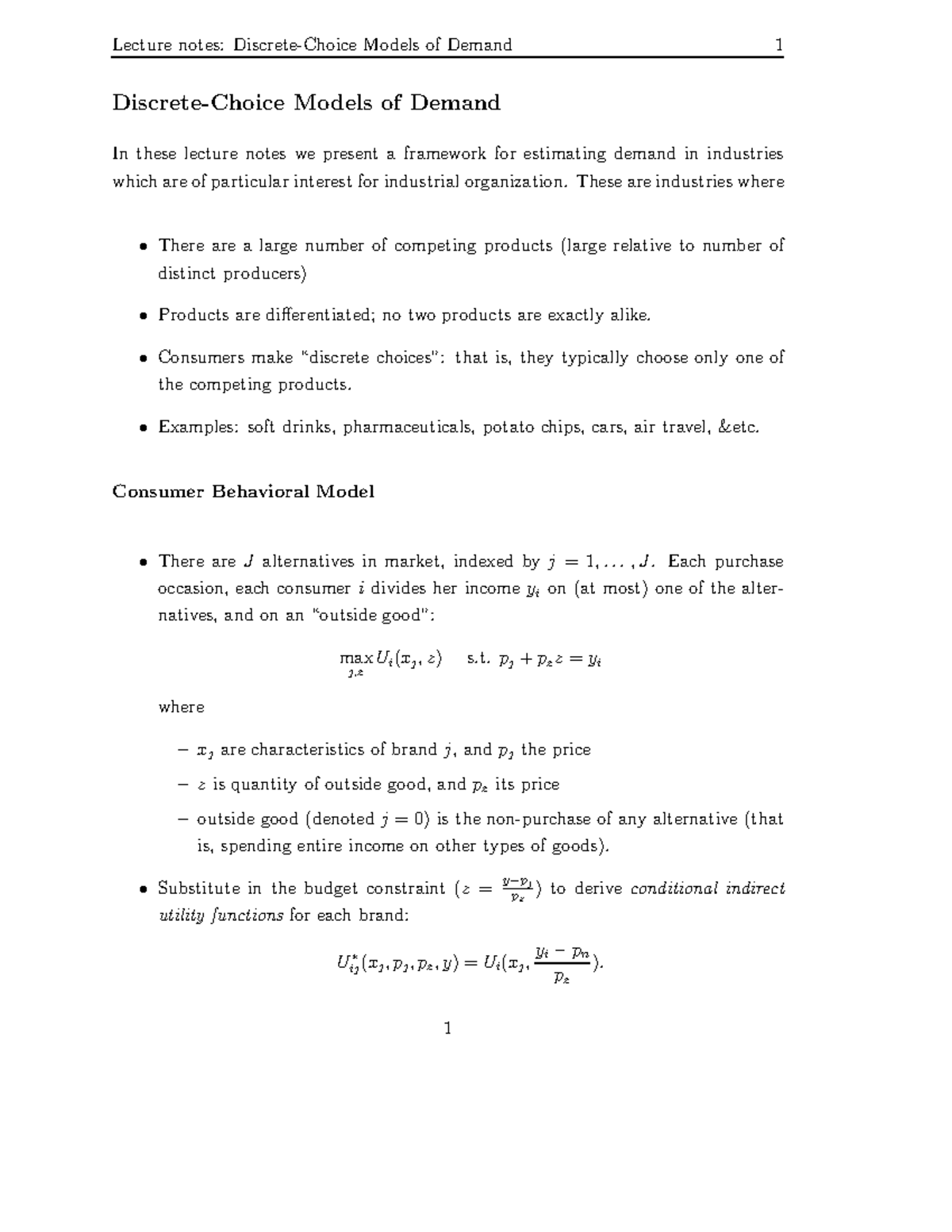 Lecture Notes: Demand Models in Industrial Organization (ECO 101) - Studocu
