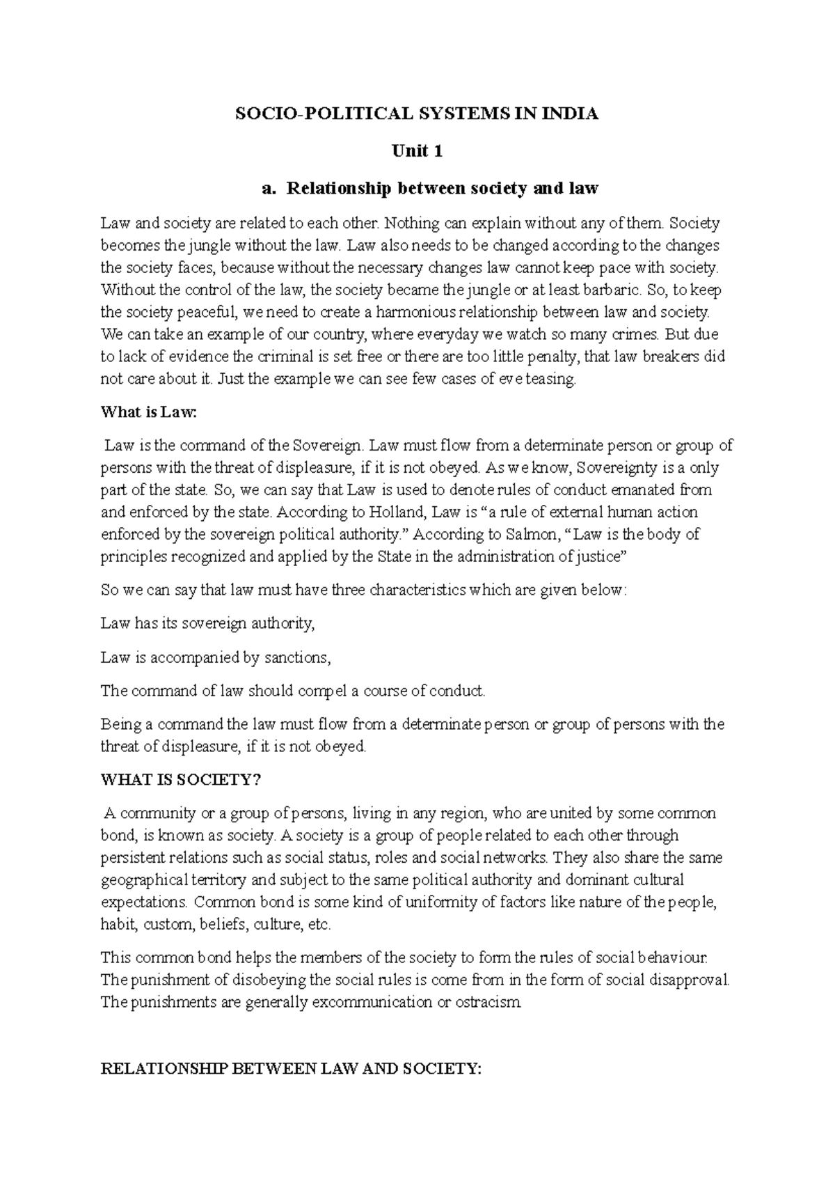 SOCIO-POLITICAL NOTES: Law and Society in India (Unit 1) - Studocu