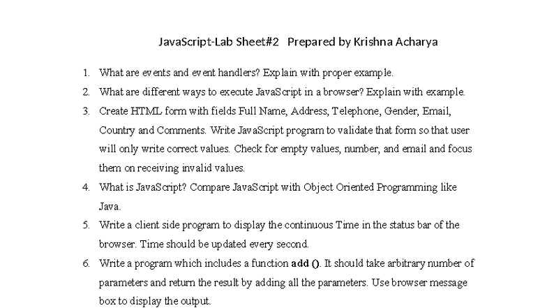 JavaScript Lab Exercises (JS 101): Event Handling, Forms & Functions - Studocu