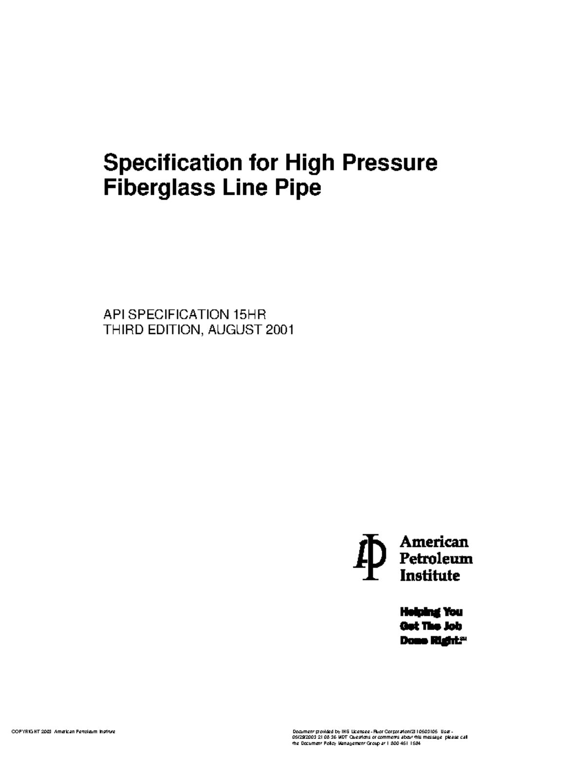 API Specification 15HR: High Pressure Fiberglass Line Pipe Standards ...