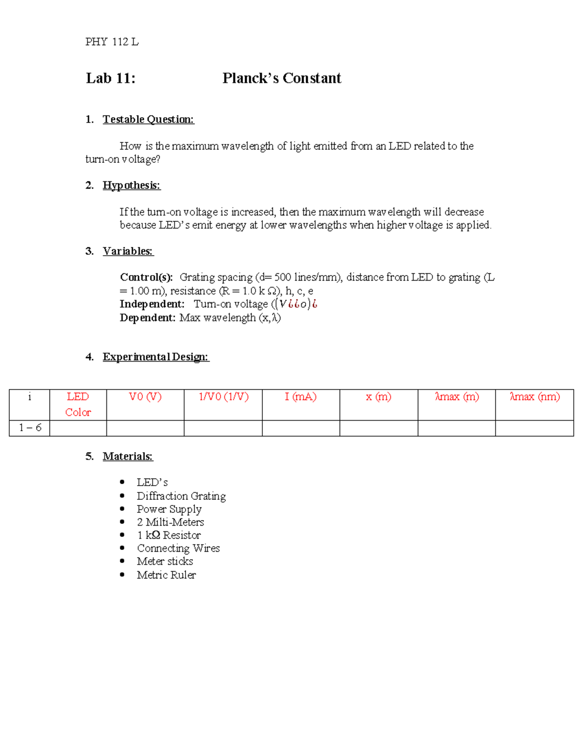 Phy112l Lab11 Plancks Constant 3 - Lab 11: Planck’s Constant Testable ...