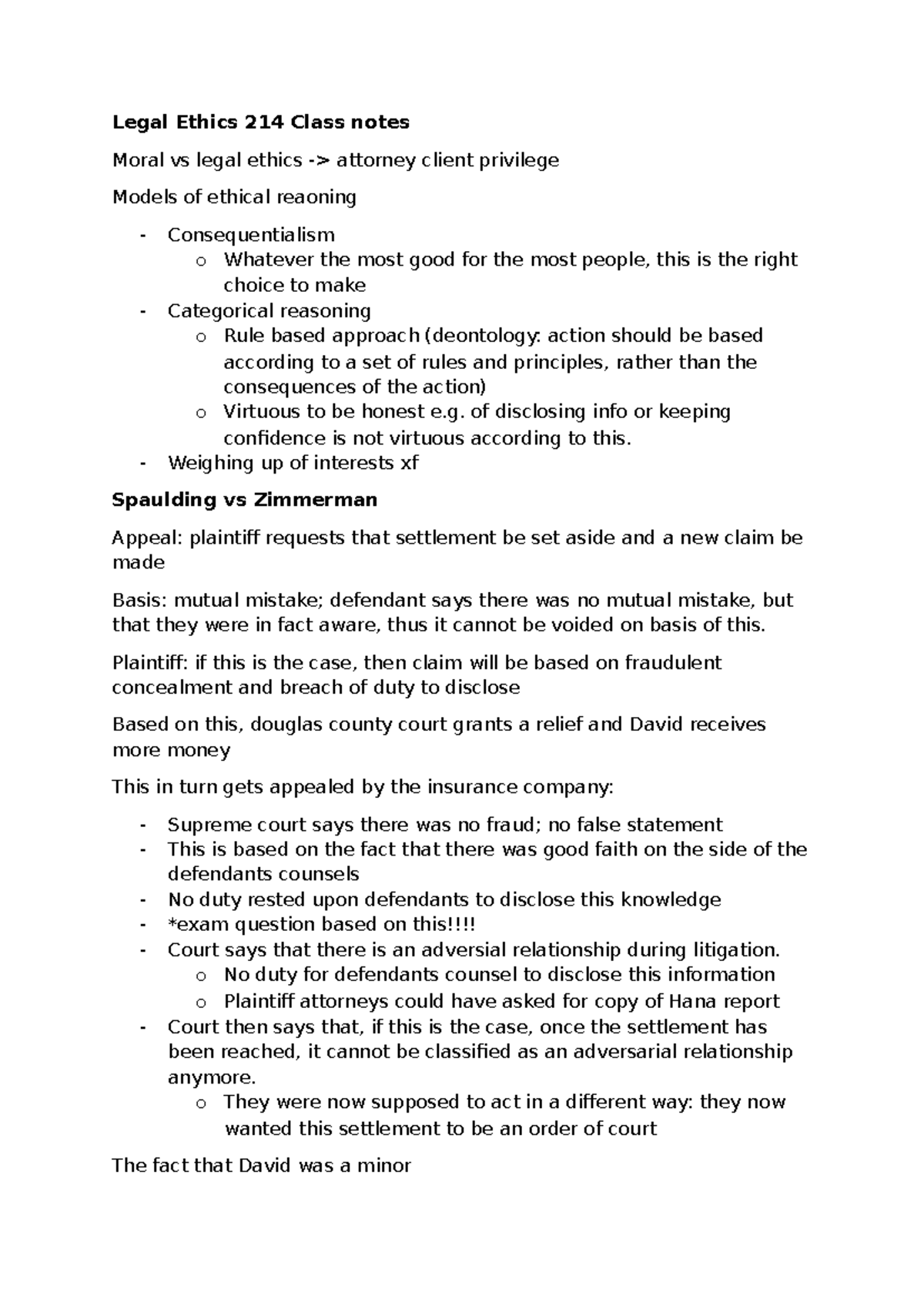 Legal Ethics 214 Class Notes: Moral vs Legal Ethics and Key Concepts ...