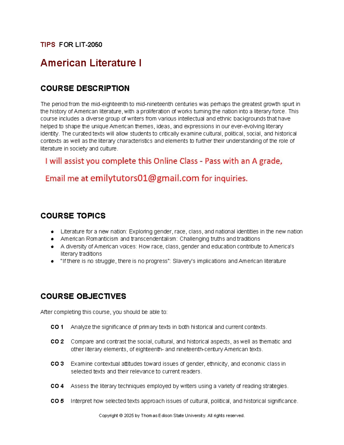 LIT 2050 American Literature I: Course Overview and Objectives - Studocu