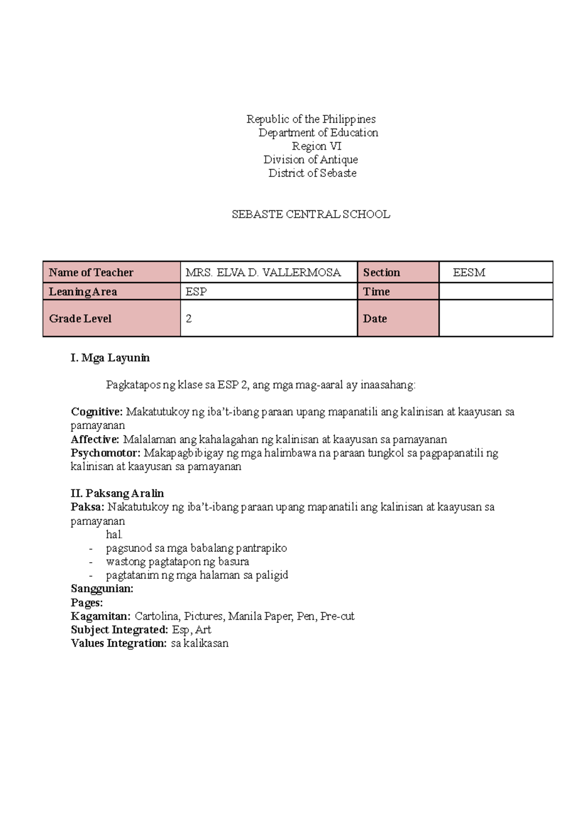 LP in ESP - Example of lesson plan - Republic of the Philippines ...