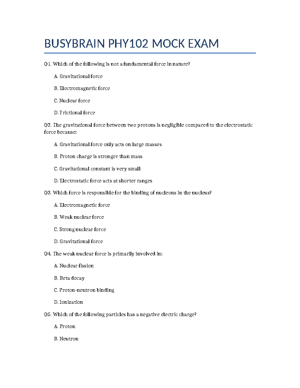 PHY102 MOCK EXAM - Practice Questions for Physics Concepts - Studocu