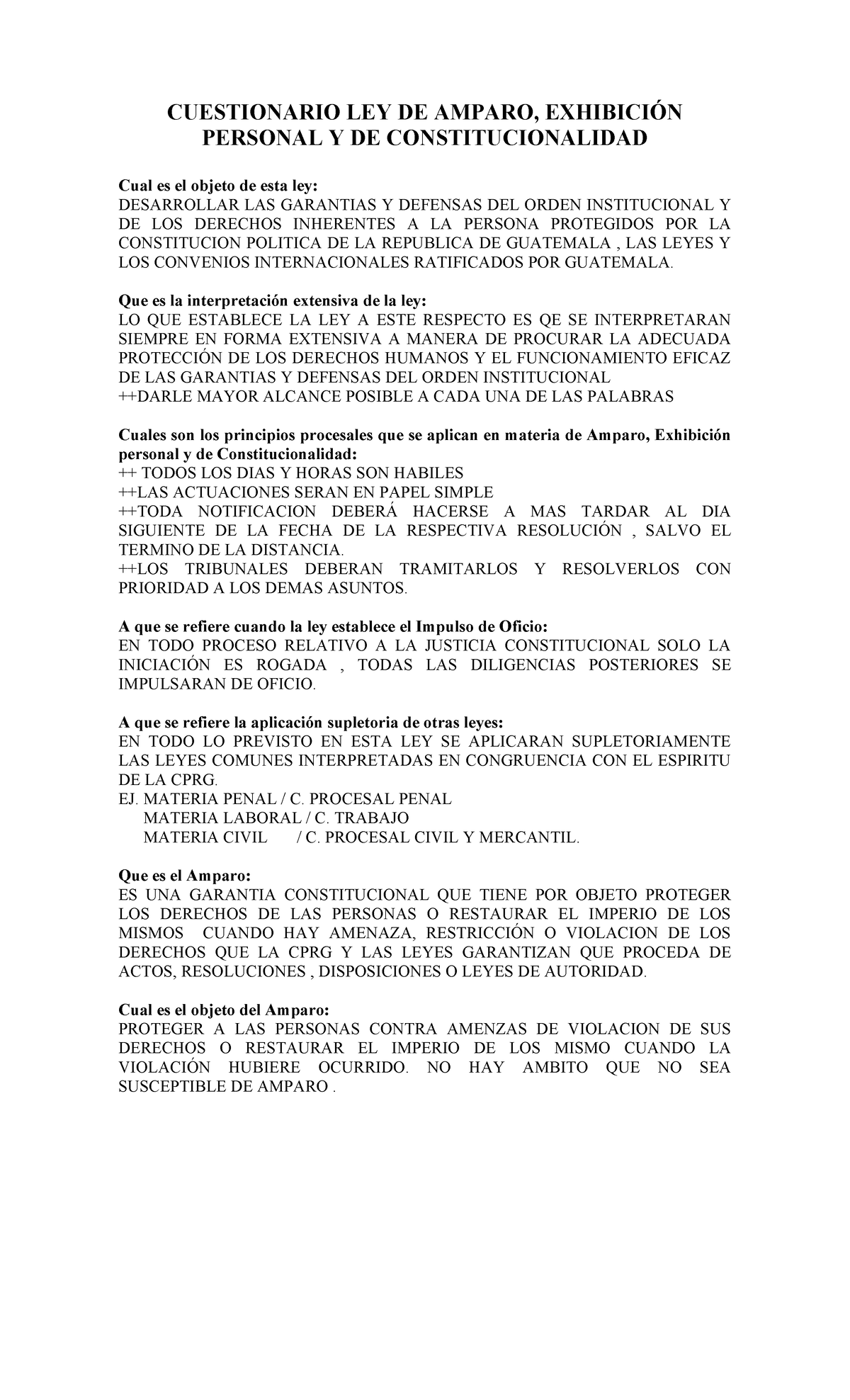 Cuestionario Ley De Amparo Exhibicion Personal Y De Const