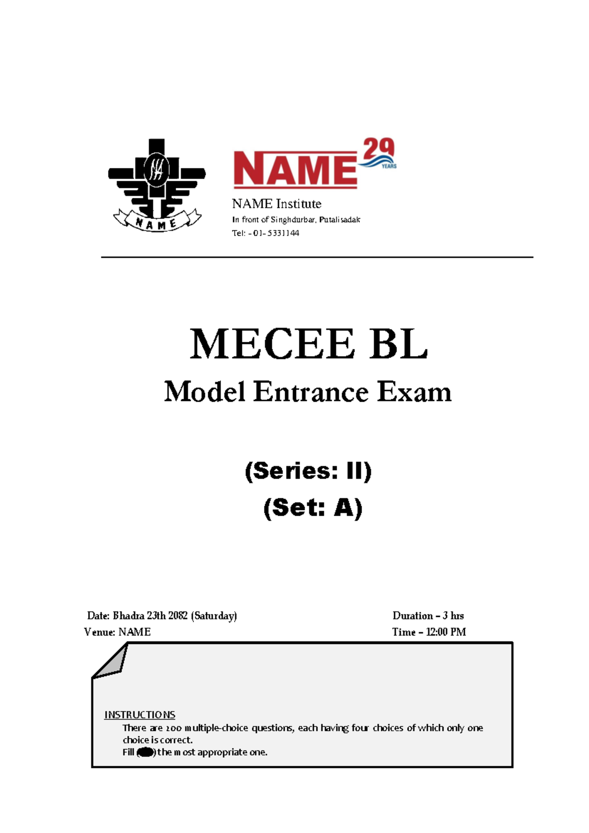 MECEE BL Model Entrance Exam Set A - Questions (Bhadra 23, 2082) - Studocu
