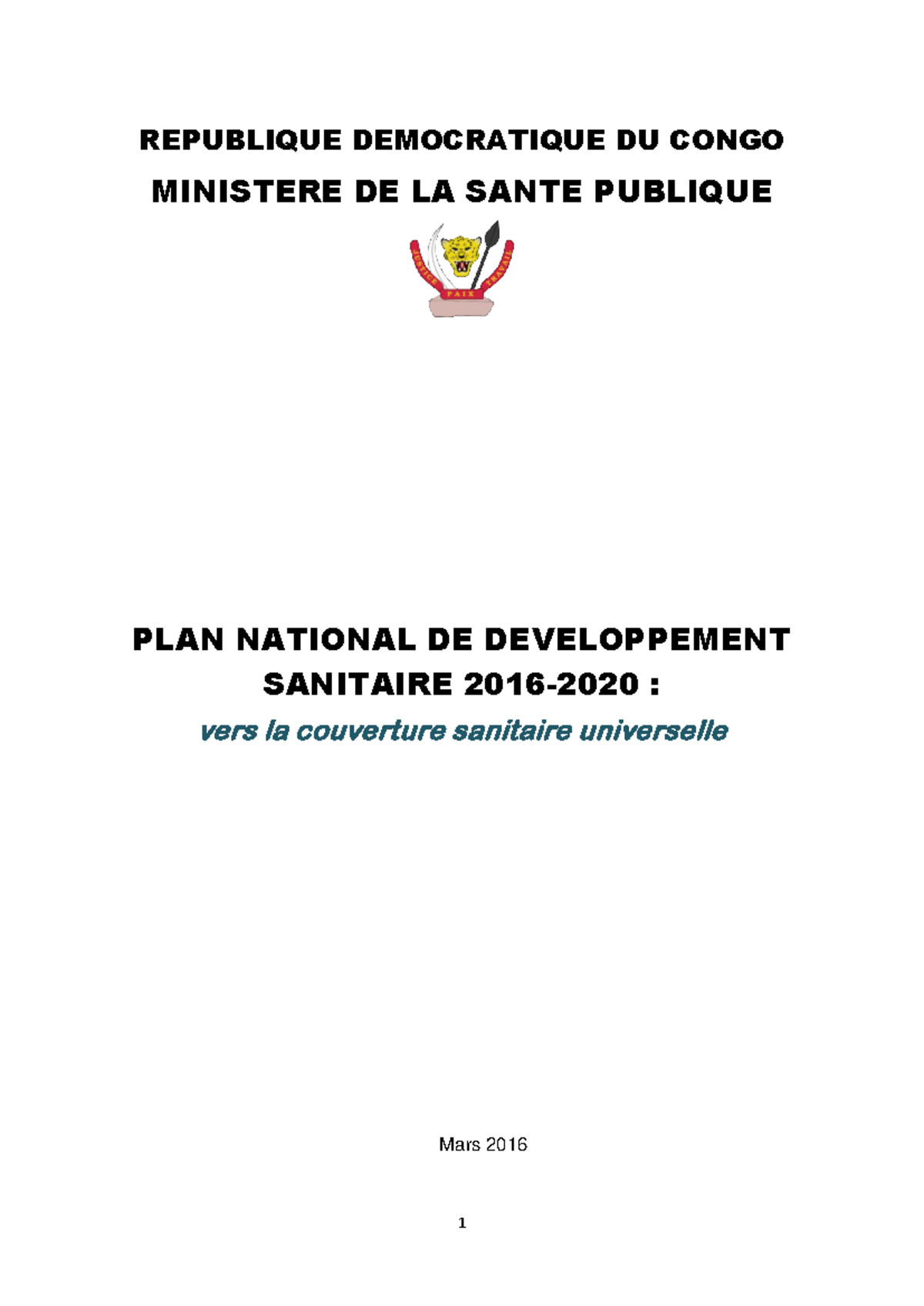 **PNDS 2016-2020 : Plan National de Développement Sanitaire en RDC ...