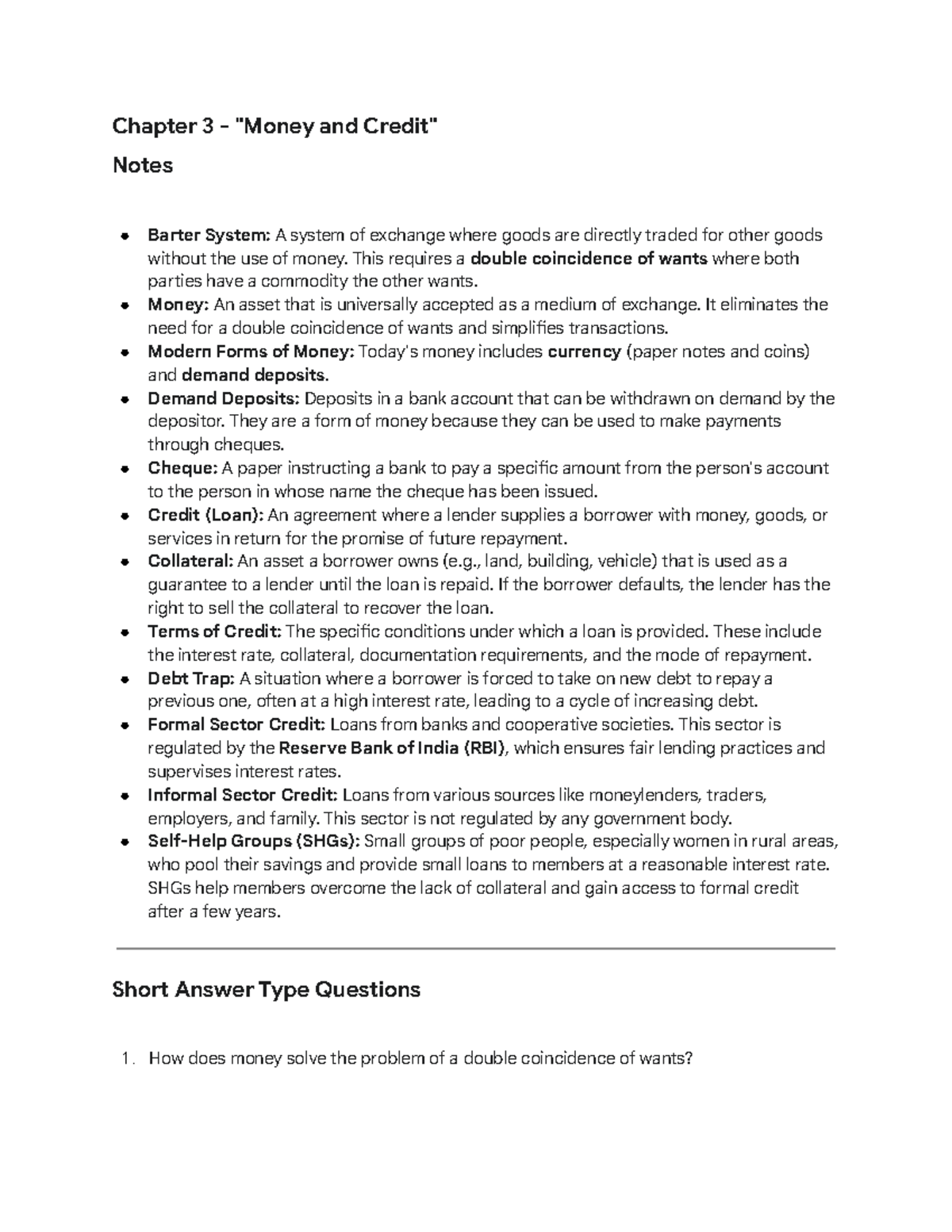 10th Economics: Chapter 3 - Barter System and Modern Money - Studocu
