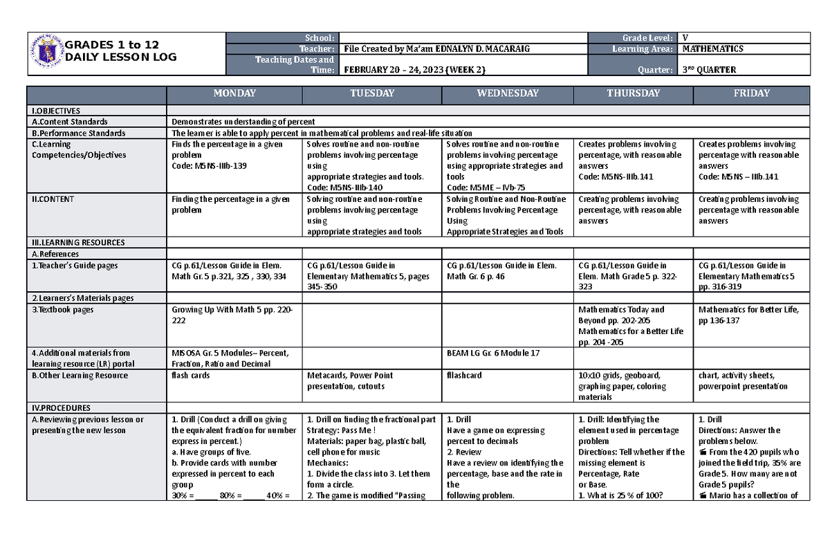 DLL Mathematics 5 Q3 W2 - GRADES 1 to 12 DAILY LESSON LOG School: Grade ...